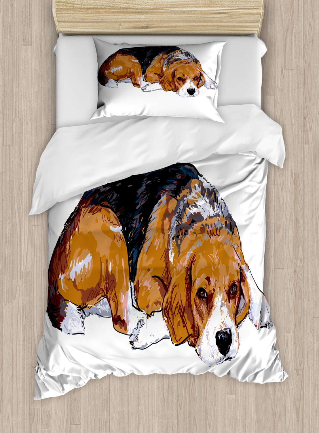 Beagle Duvet Cover Set Twin Size, Sketch Like Drawing of Dog Animal ...