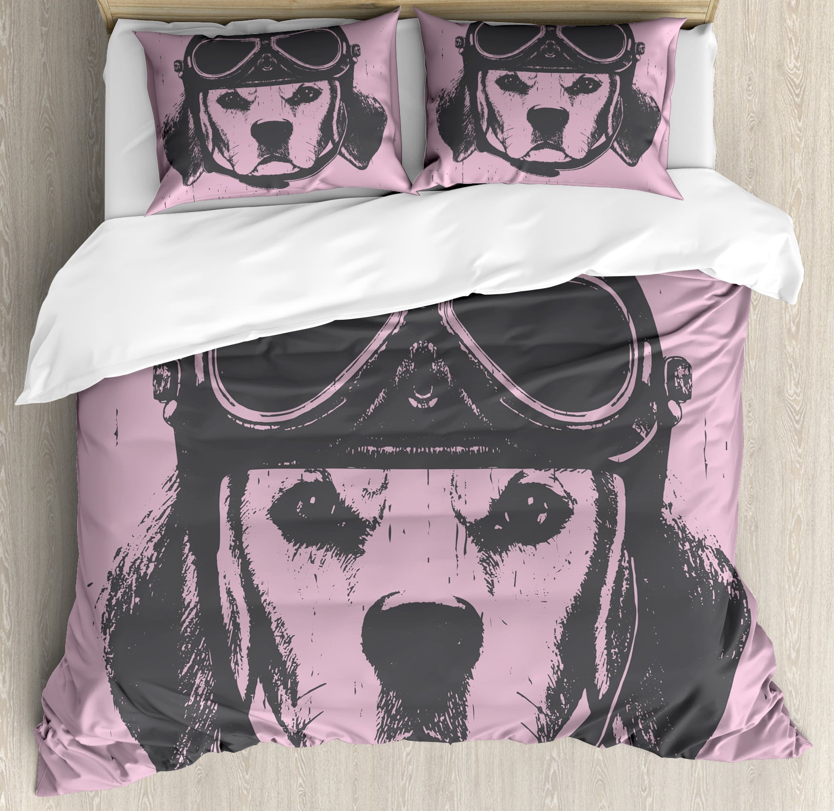 Beagle Duvet Cover Set, Weathered Animal Portrait of Pilot Biker Dog ...