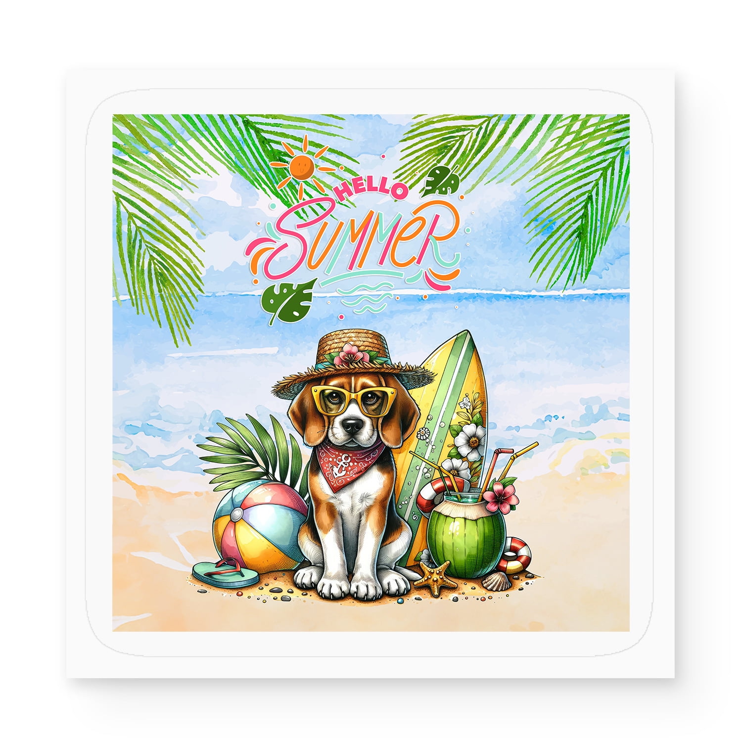 Beagle Hello Summer with Sunglasses and Surfboard Tropical Vibes Vinyl ...