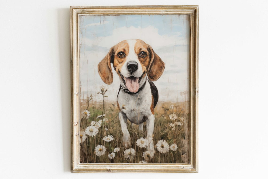 Beagle Poster Vintage Dog And Flowers Portrait Wall Art, Stretched ...
