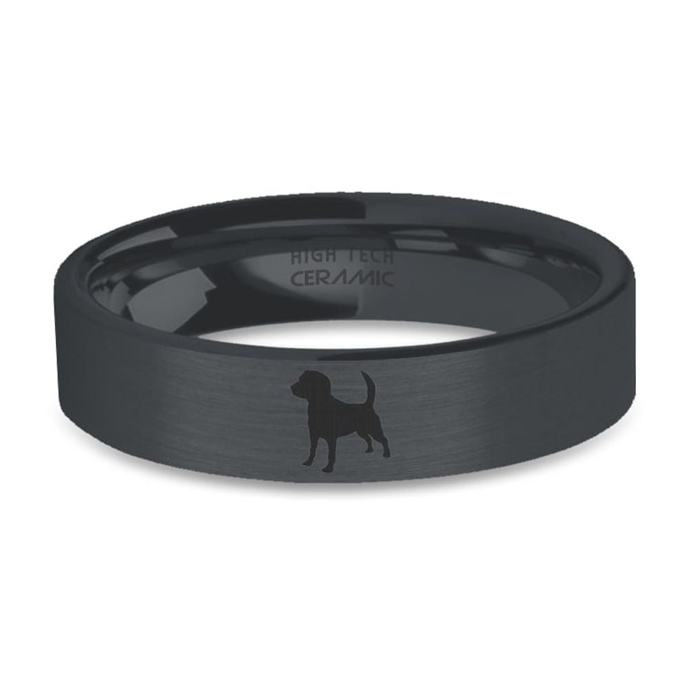 Beagle Puppy Dog Engraved Black on Black Brushed Ceramic Ring, 6mm ...