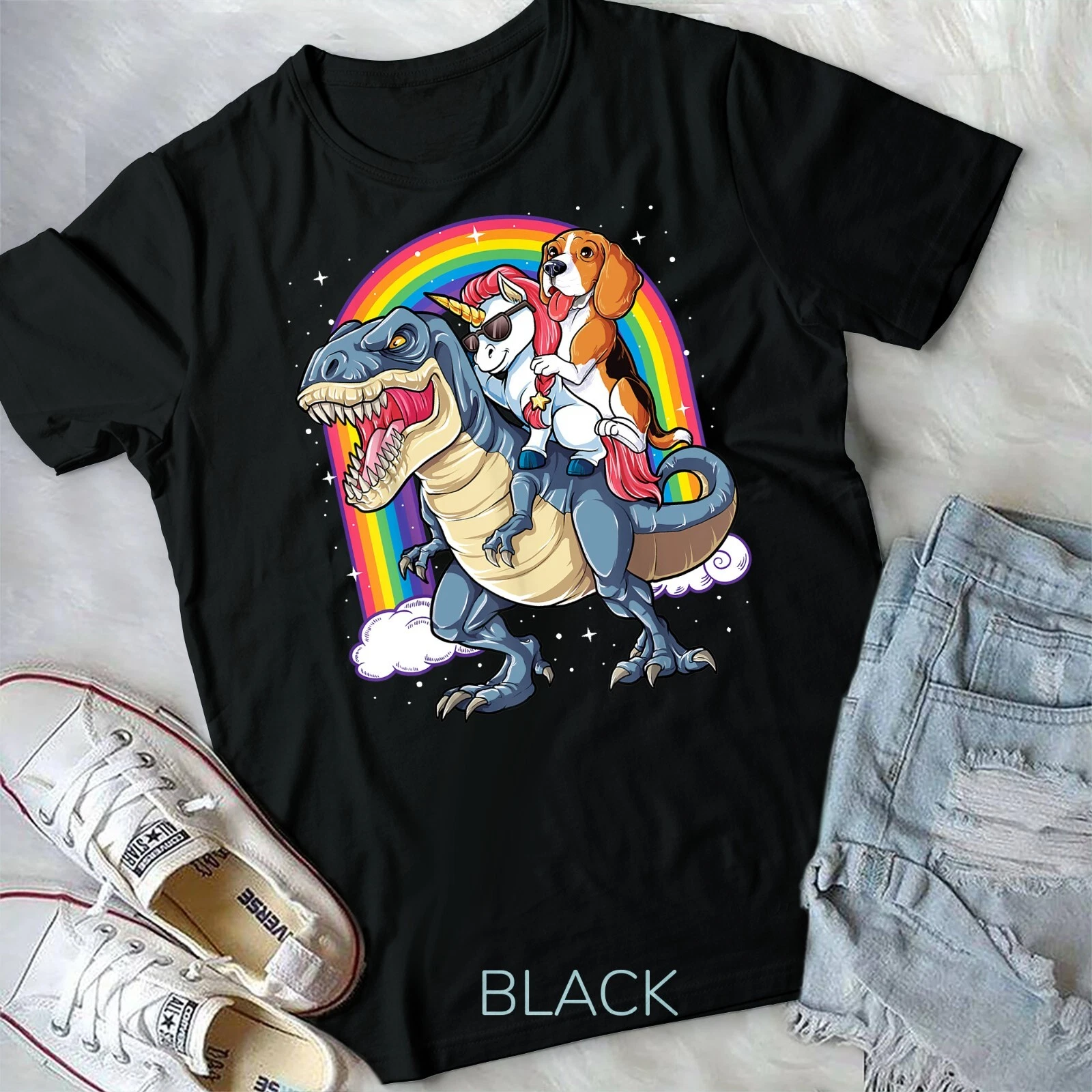Beagle Unicorn Riding Dinosaur T rex Girls Kids Boys Rainbow Unisex T ...