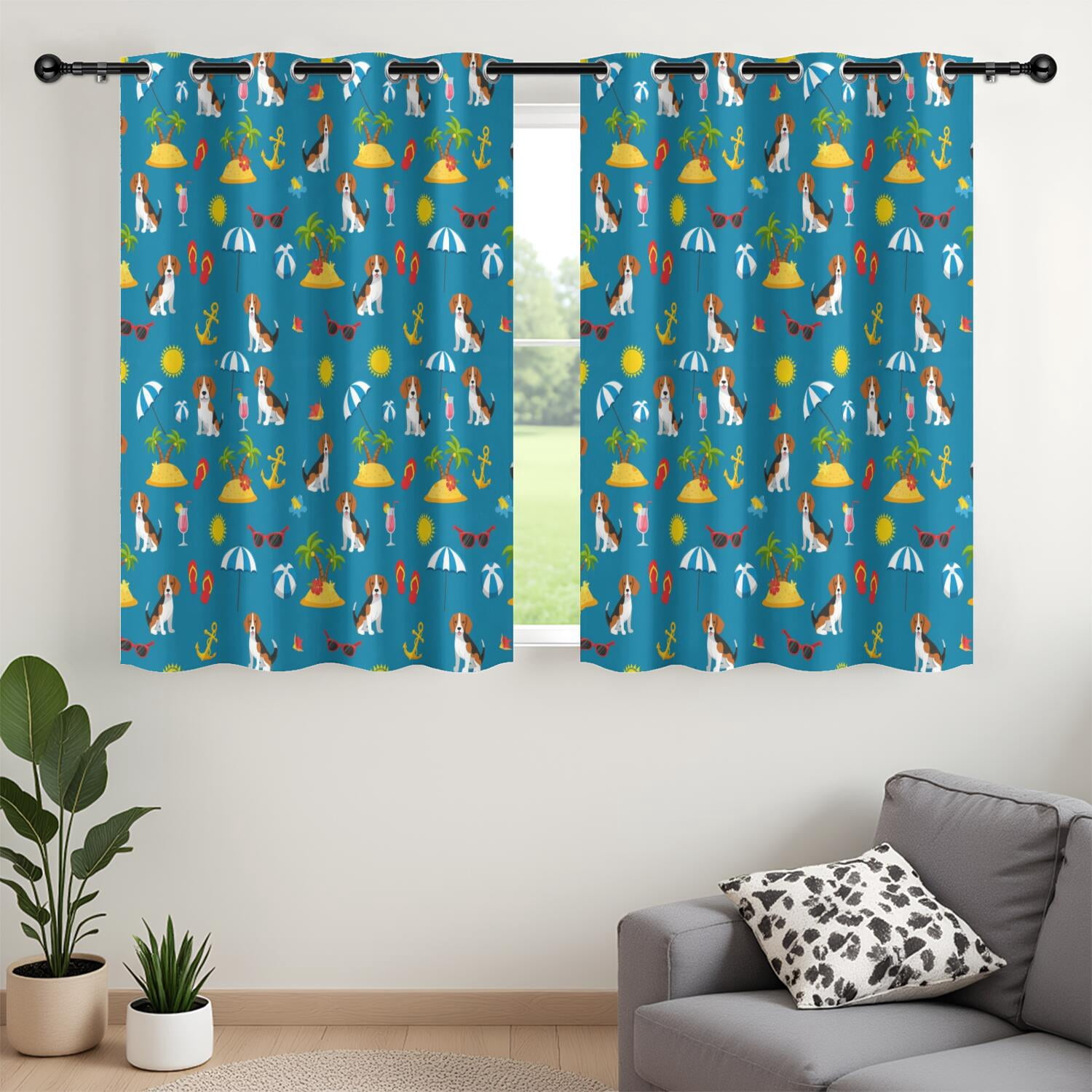 Beagle and Beach Blue Pattern Blackout Curtains,Triple Weaved Fabric ...