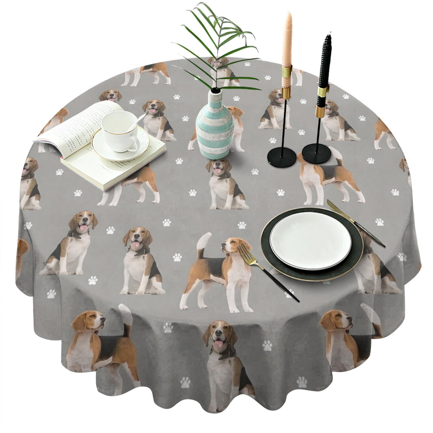 Beagle and Dog Footprints Round Tablecloth 60"x60",Wrinkle Wipeable ...