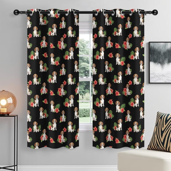 Beagle and Floral Black Pattern Blackout Curtains,Triple Weaved Fabric ...