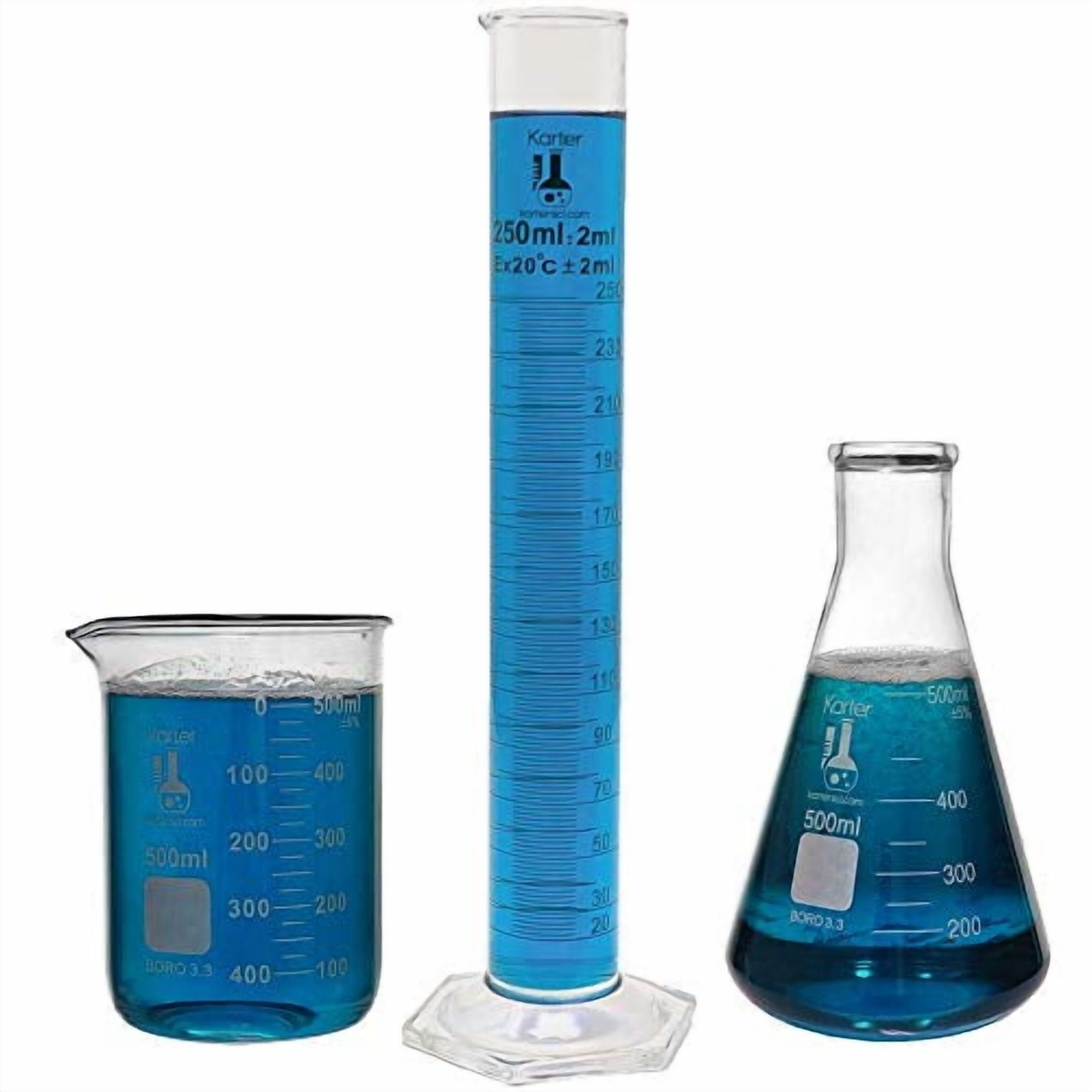 Beaker, Flask, and Cylinder Set, 3.3 Boro. Glass - 3 Pieces - 500ml ...