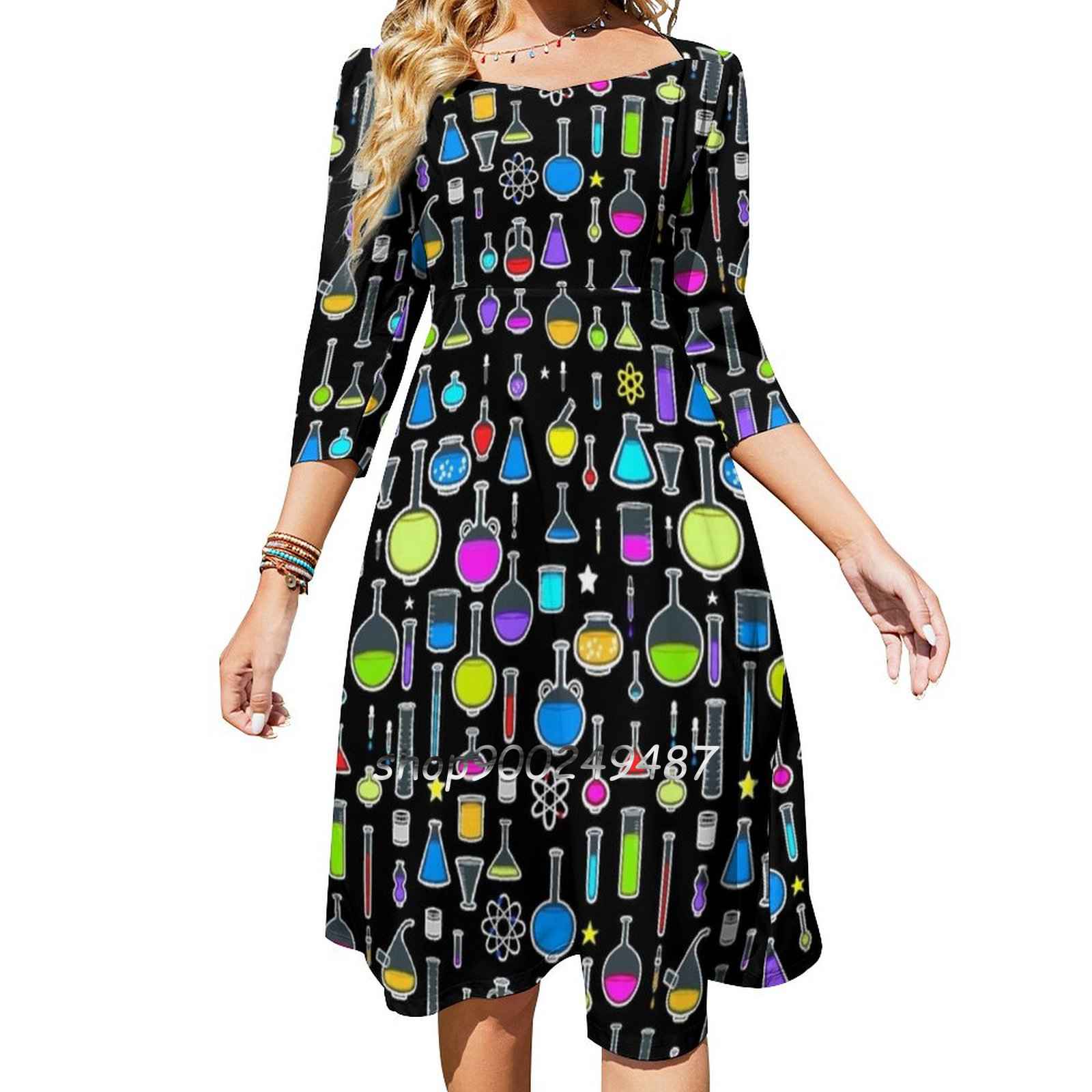 Beakers Flare Dress Square Neck Dress Elegant Female Fashion Printed ...