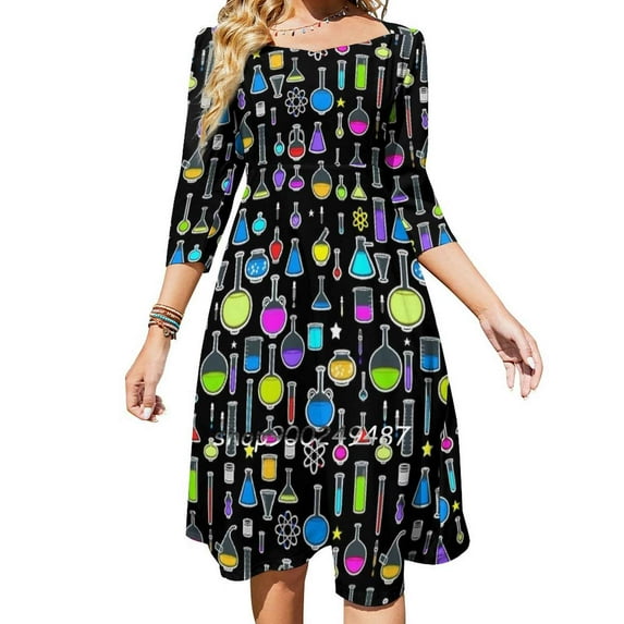 Beakers Flare Dress Square Neck Dress Elegant Female Fashion Printed ...