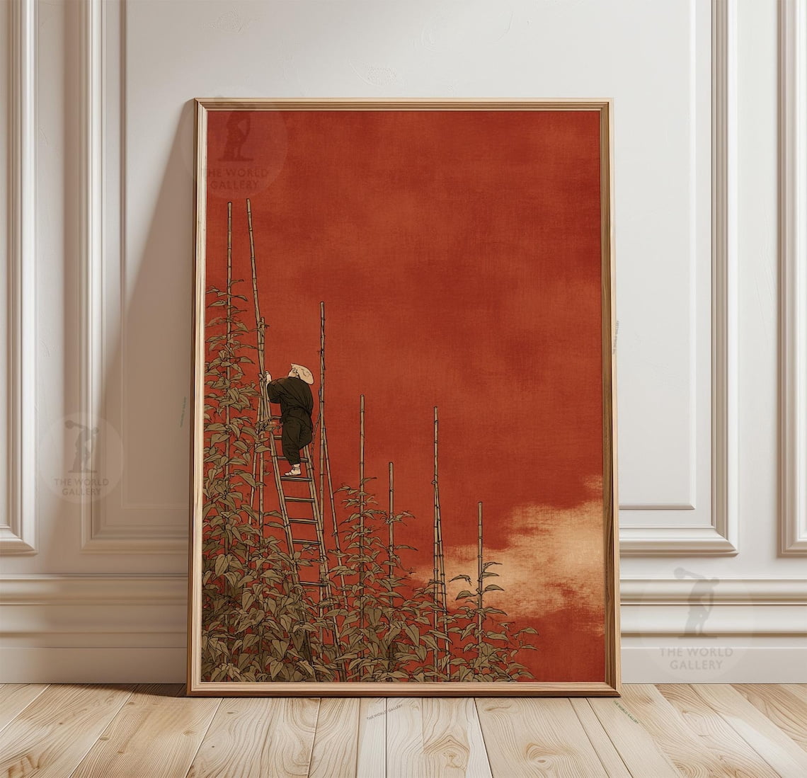 Bean Trellis Poster Gardener Ladder Scene Red Minimal Landscape Art ...