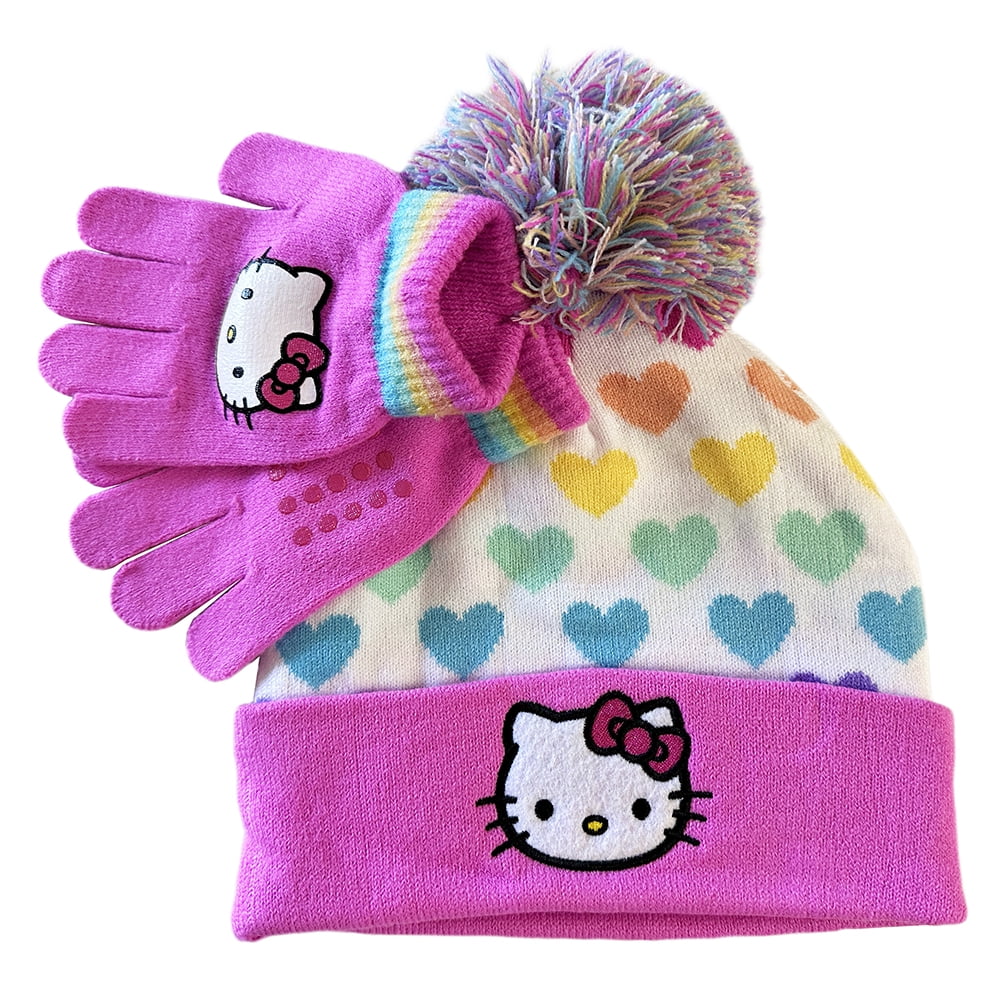 Hello Kitty Beanie Cap with Gloves - White Heart-Pattern Winter Set for ...