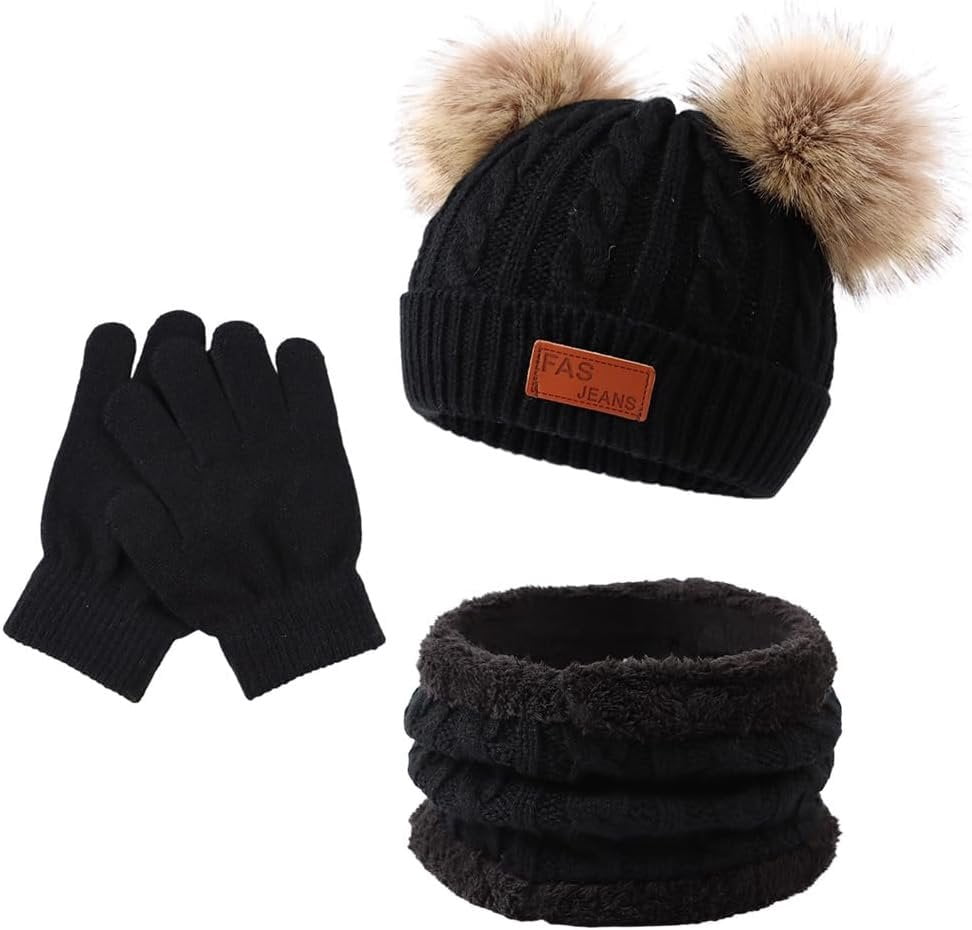 Beanie Fall Winter Knit Hat Scarf Glove Set Pompom Beanie Hat Fleece ...