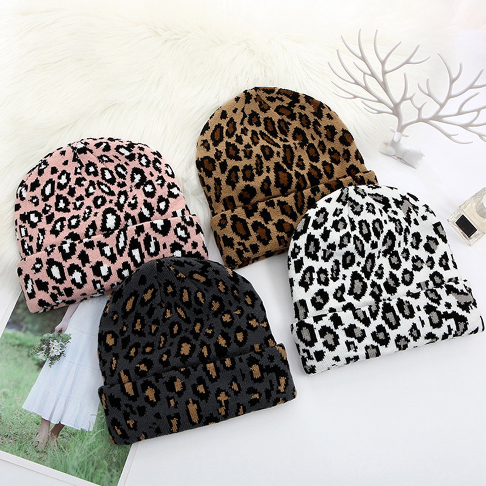 Beanie Hat in Animal Print for Men & Women, 100% Acrylic Hat, Cuffed ...