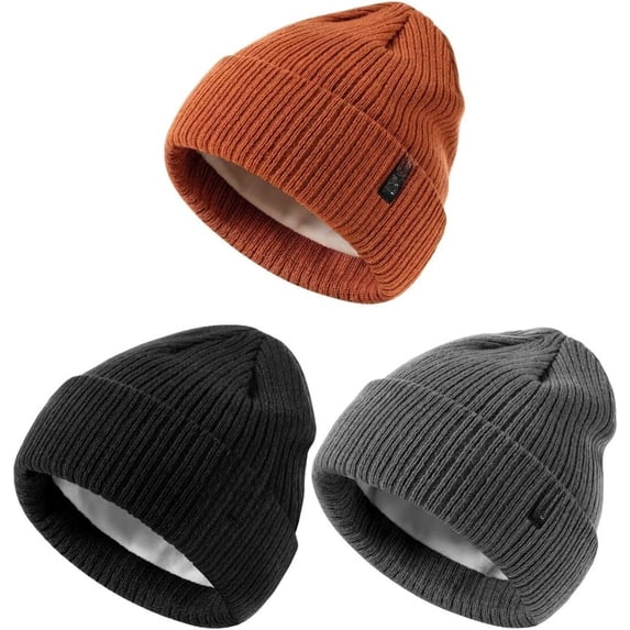 Beanie Hats, 3-Pack Winter Knit Hats with Fleece Lining for Boys and ...