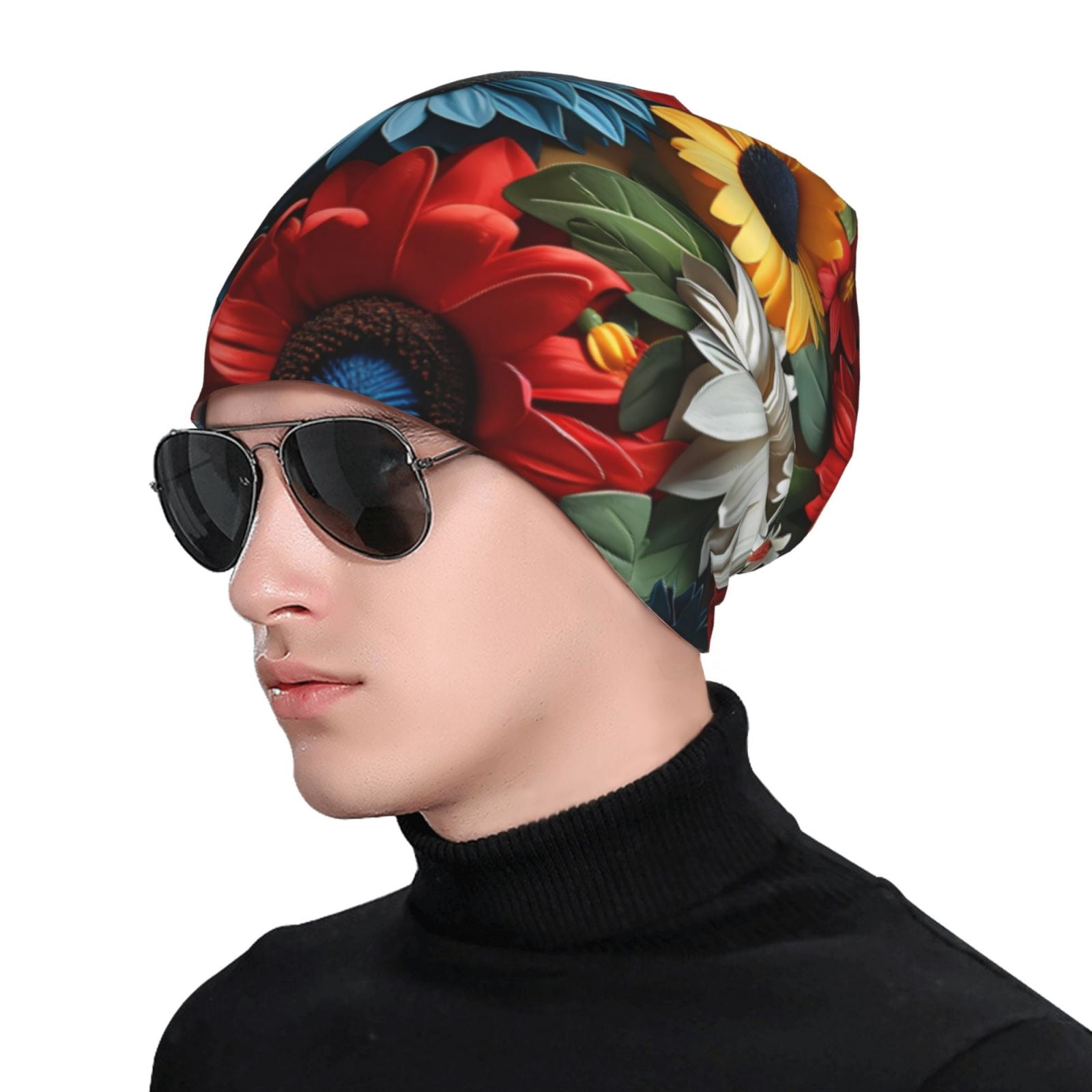 Beanie for Men and Women, Colorful Fabric Sunflowers Cozy Winter Hat ...