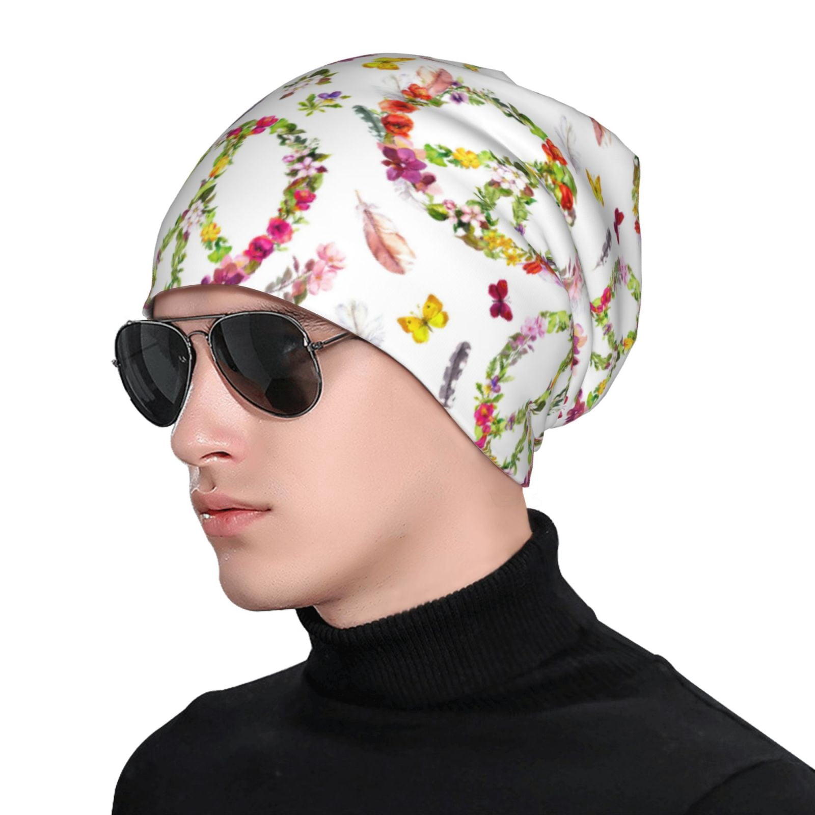 Beanie for Men and Women, Peace sign flower butterfly feather boho Cozy ...