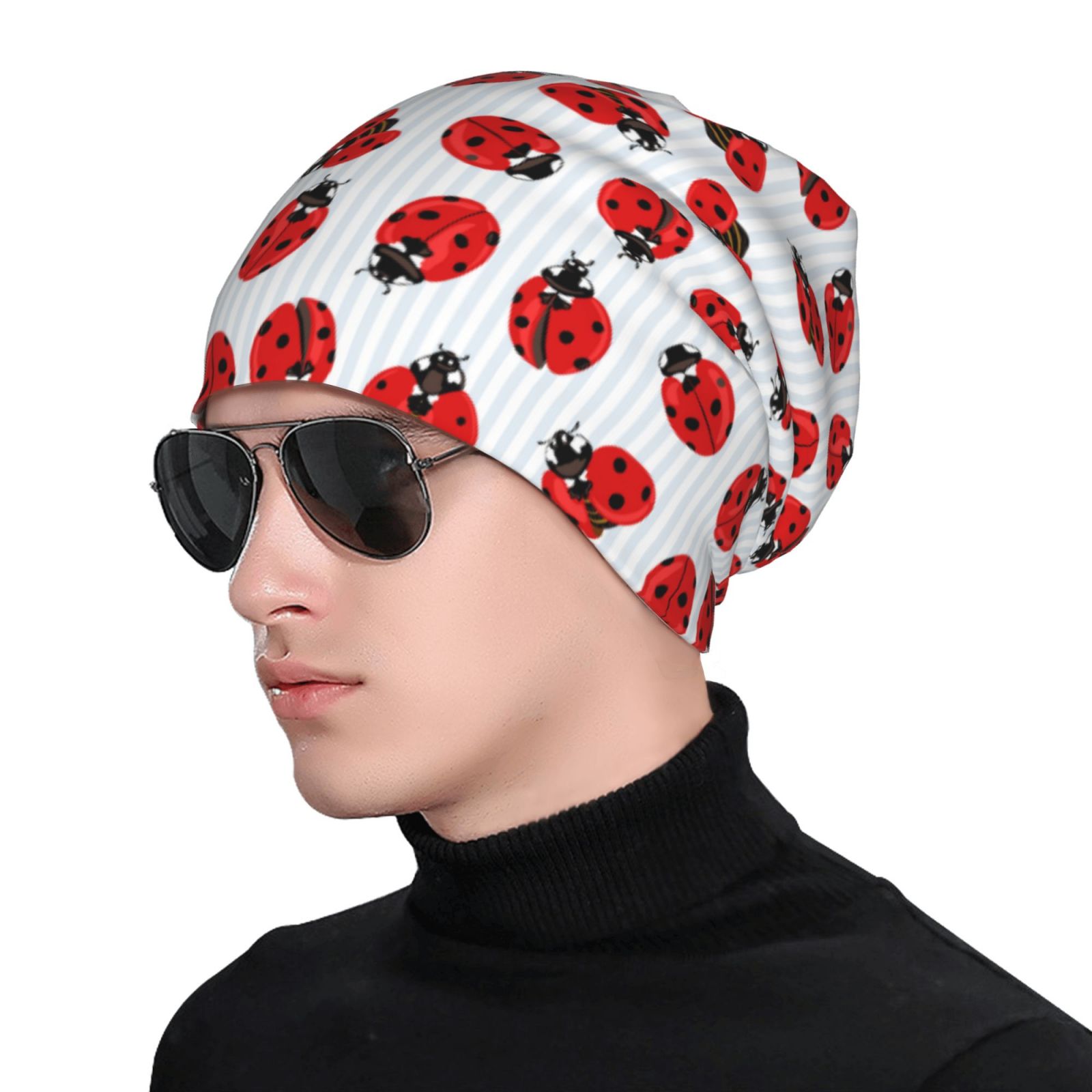 Beanie for Men and Women, Ladybug On Blue Stripes Cozy Winter Hat ...
