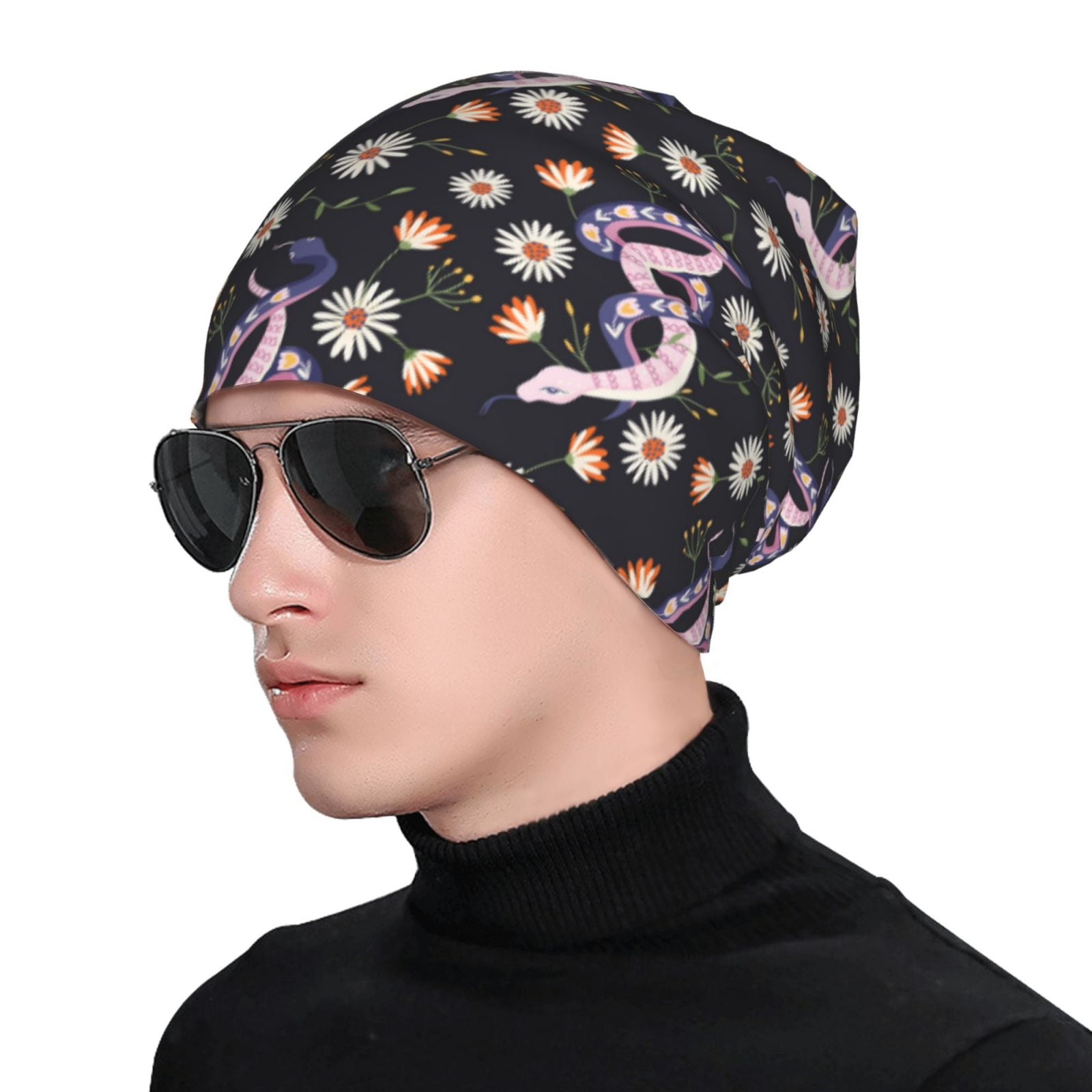 Beanie for Women Men, Exotic Cute Snake White Daisy Soft Beanie Hats ...