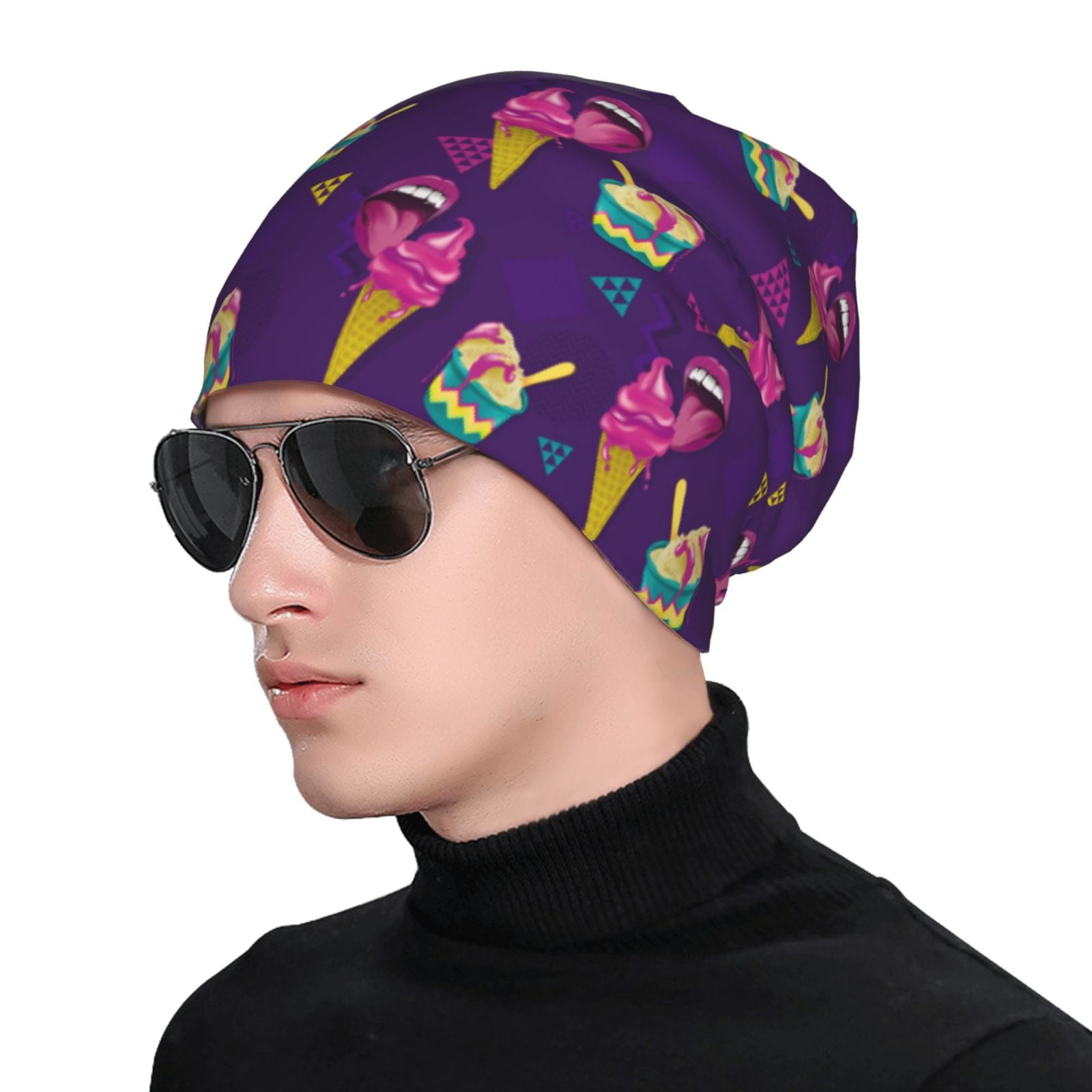 Beanie for Women Men, Funny Ice Cream Print Purple Soft Beanie Hats ...