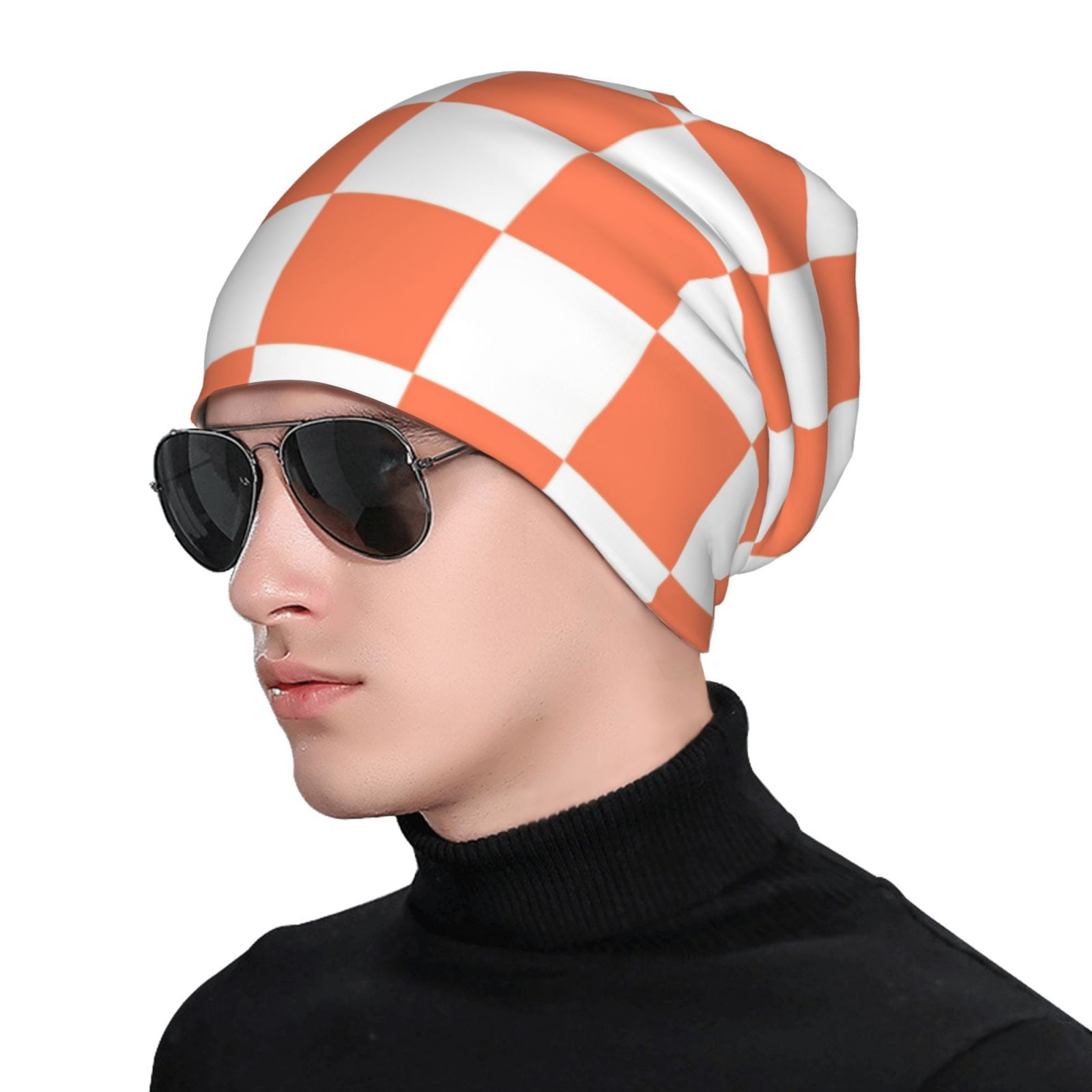 Beanies Hats Men Women - white orange squares checkerboard Unisex ...
