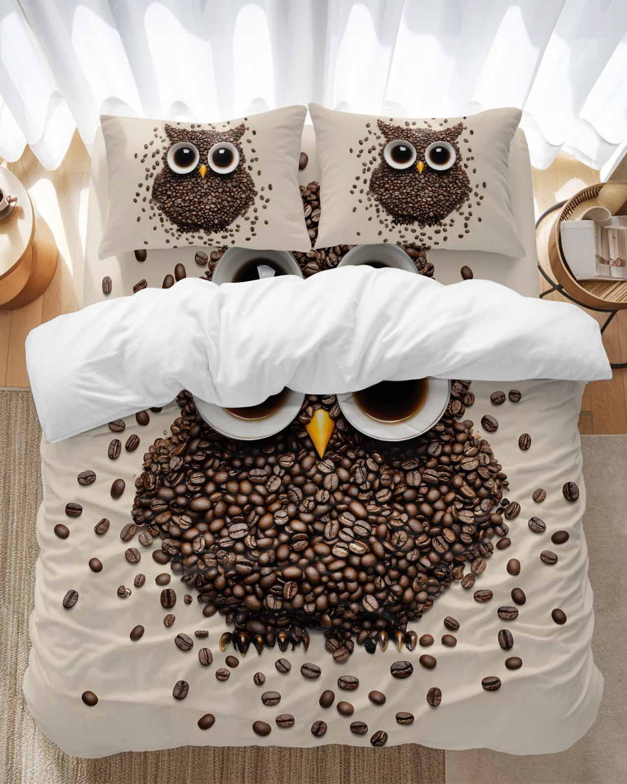 Beans Owl Bedding Duvet Cover Set Queen Size 4 Pieces Cute Coffee Eyes ...