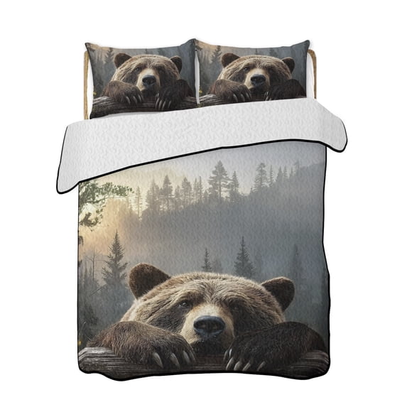 Bear 3 Piece Quilt Bedding Set with 2 Pillow Shams, Animal Wood Fence ...