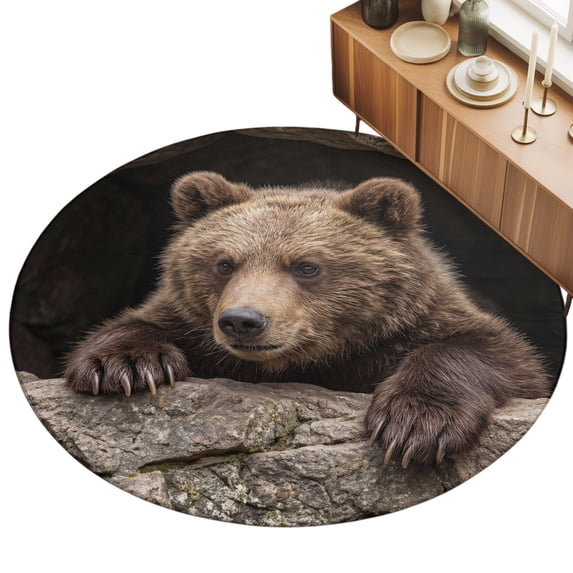 Bear 5ft Non Slip Round Area Rug Country Rustic Natural Forest Rock ...