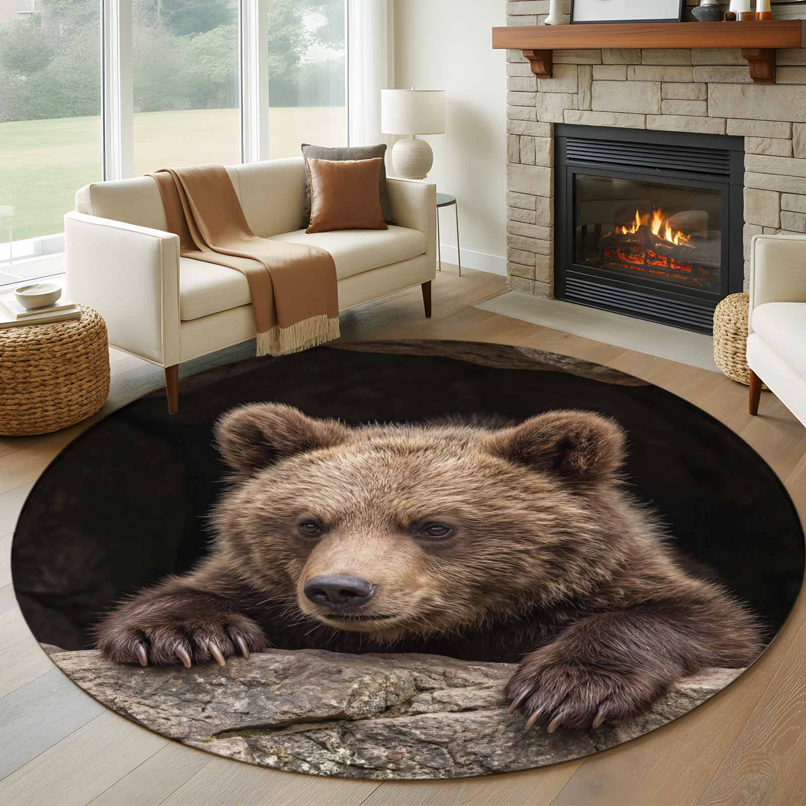 Bear 6FT Round Area Rugs for Living Room Country Rustic Natural Forest ...