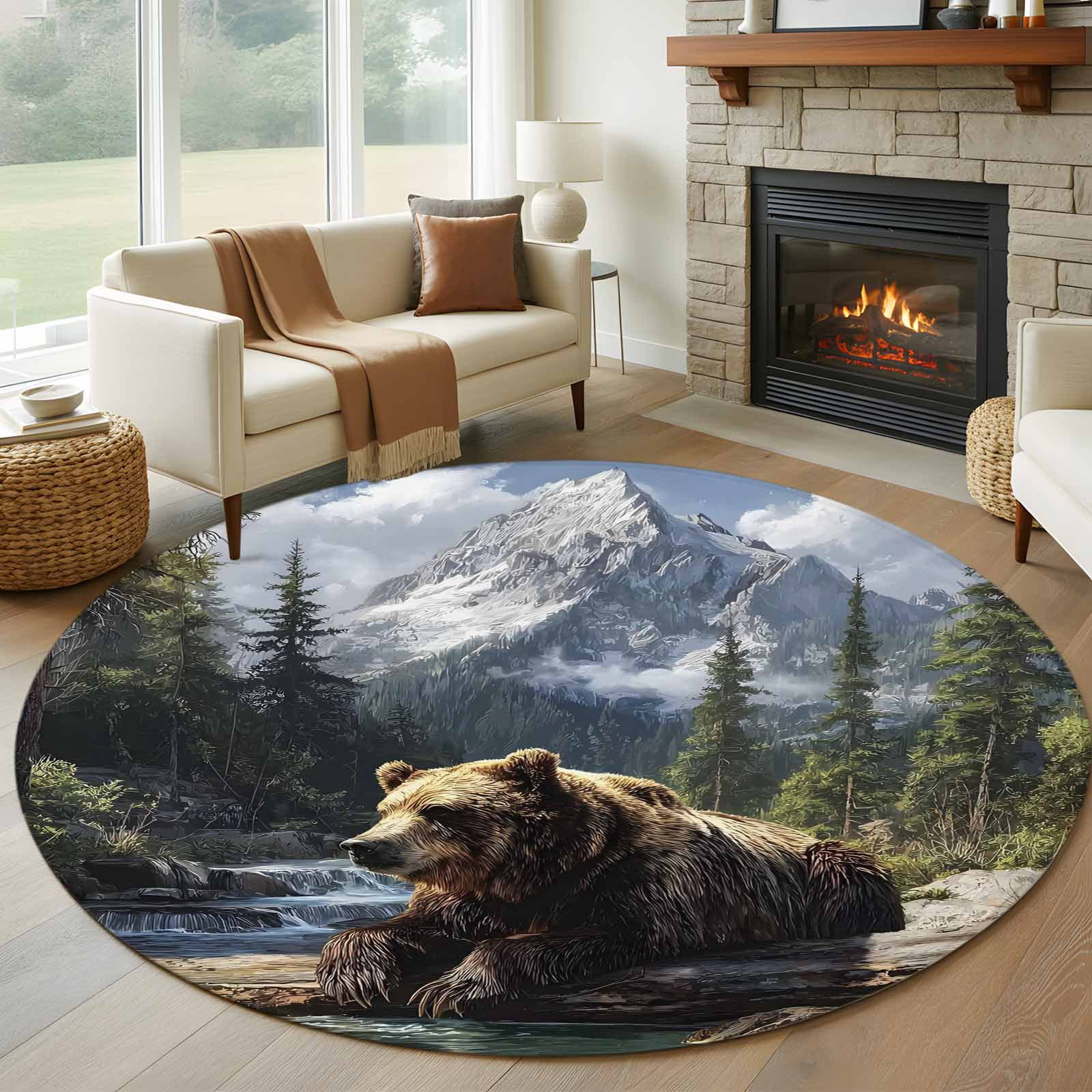Bear 7FT Round Area Rugs for Living Room Animal Snow Mountain Nature ...