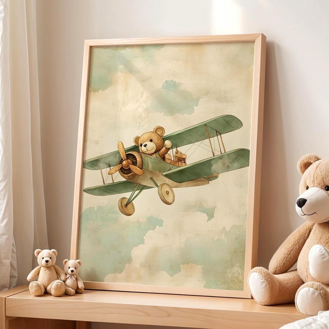 Bear Airplane Nursery Poster Sage Green Baby Boy Room Decor Aviation ...