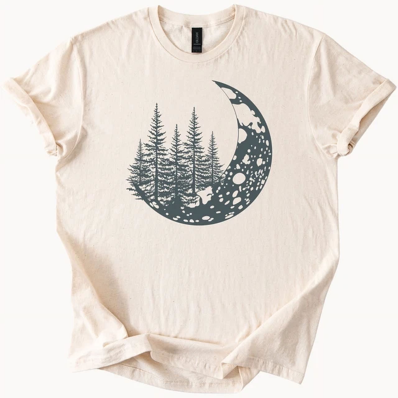 Bear And Pine Trees In Crescent Moon Forest Graphic Nature Hiking Tee Unisex S-5XL Hot Trending ...