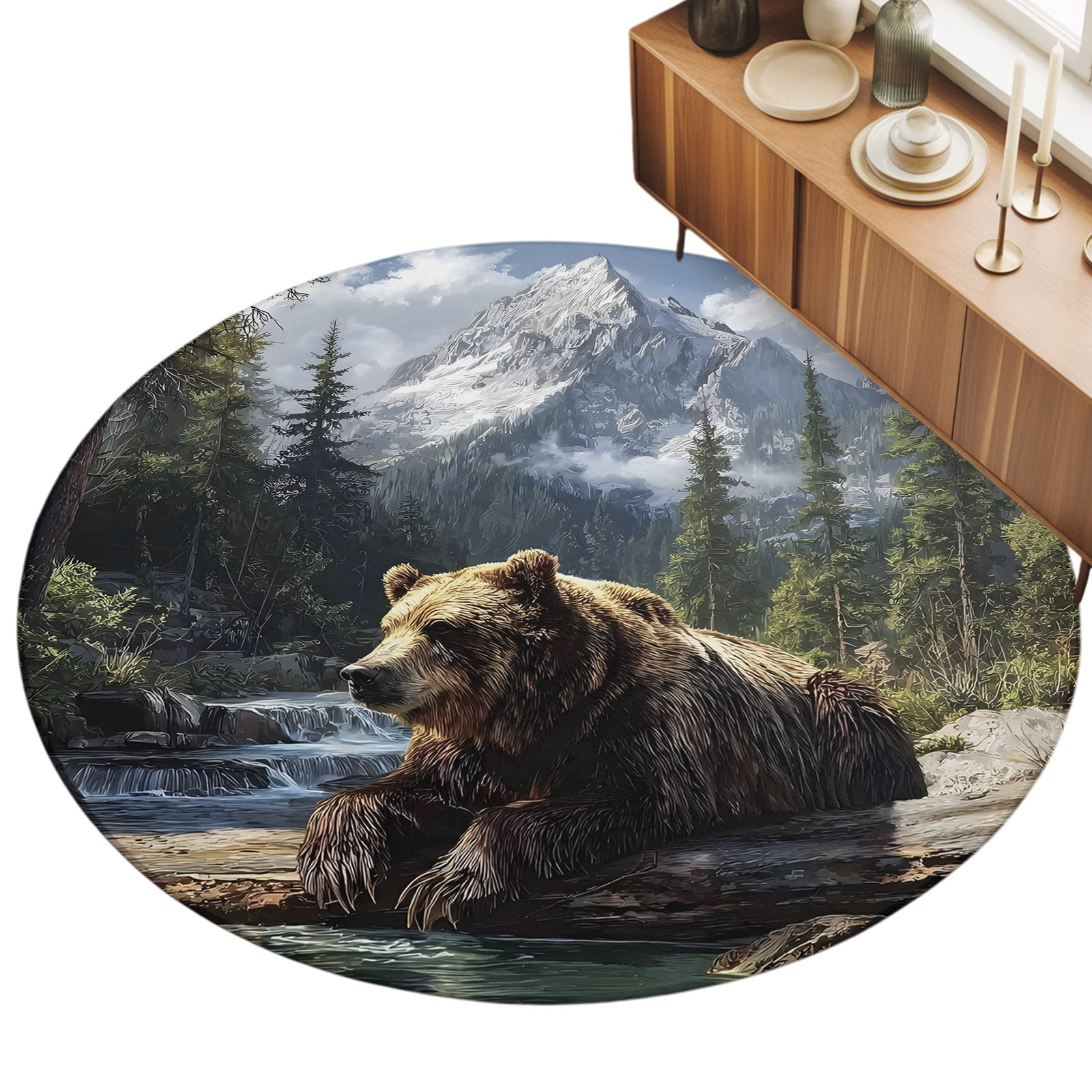 Bear Area Rugs 4' (Round) Animal Snow Mountain Nature Pine Forest Floor ...
