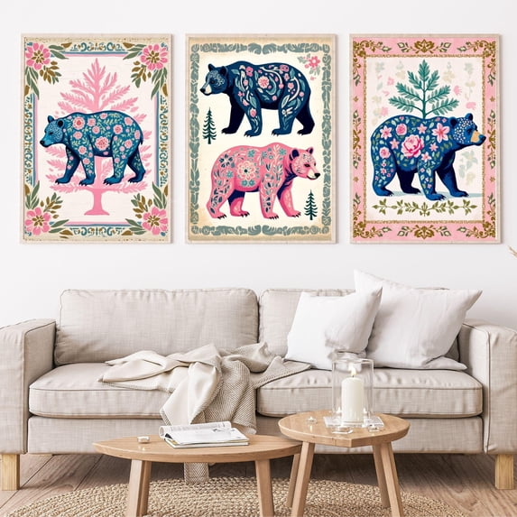 Bear Art Prints Forest Animals Three Print Set Pink And Blue Modern ...