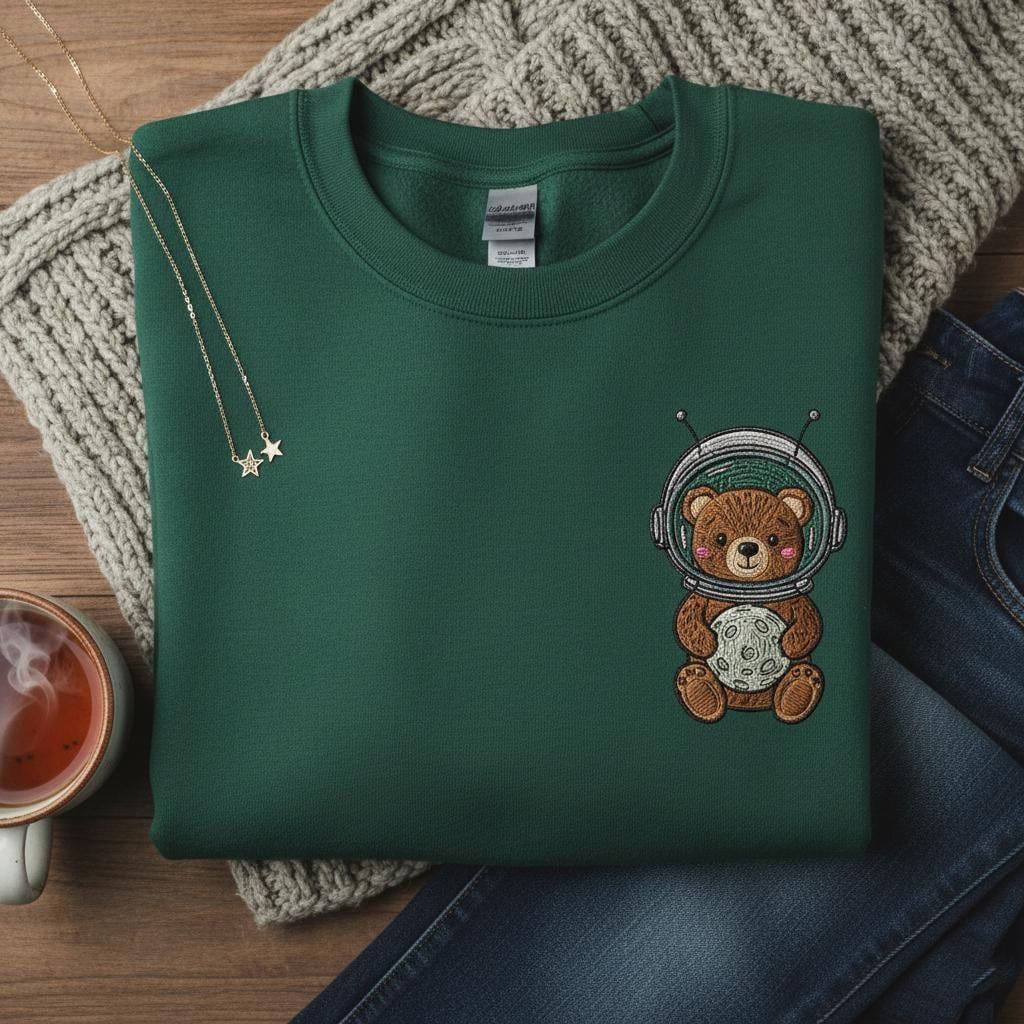 Bear Astronaut Holding Moon Embroidered Sweatshirt, Cute Space Animal ...
