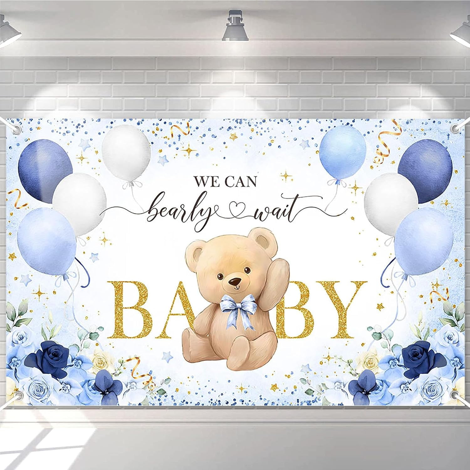 Bear Baby Shower Backdrop for Boy Blue Flower Balloons We can Bearly ...