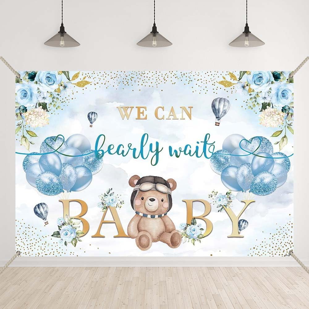 Bear Baby Shower Backdrop for Boy We Can Bearly Wait Background Gold ...