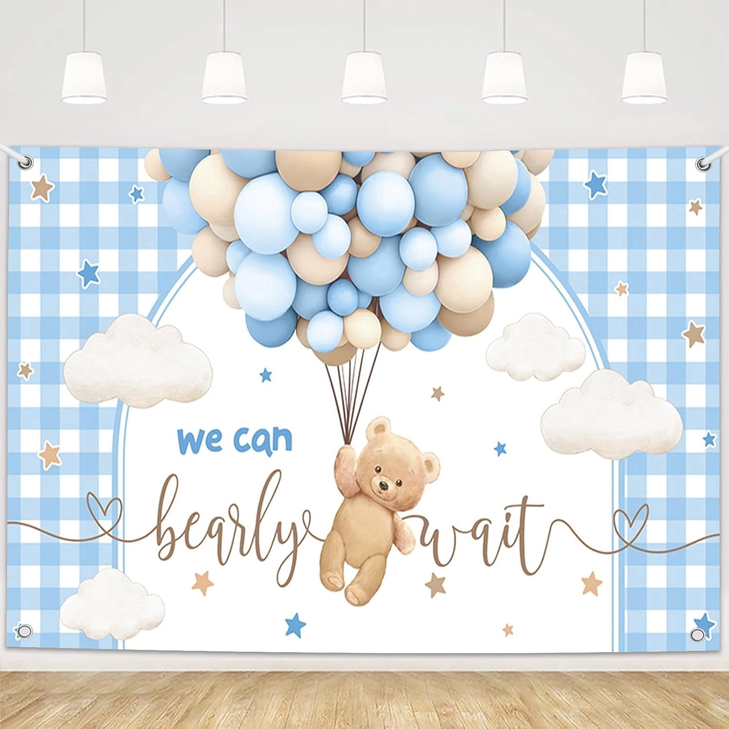 Bear Baby Shower Backdrop We Can Bearly Wait Background Blue Gingham ...