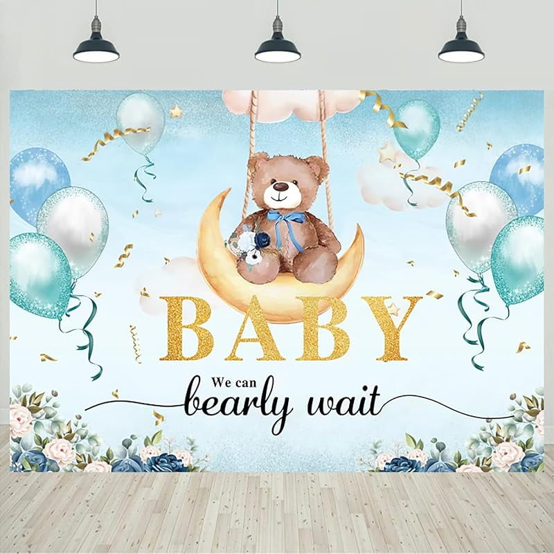 Bear Baby Shower Backdrop We Can Bearly Wait Colorful Flowers Balloons ...
