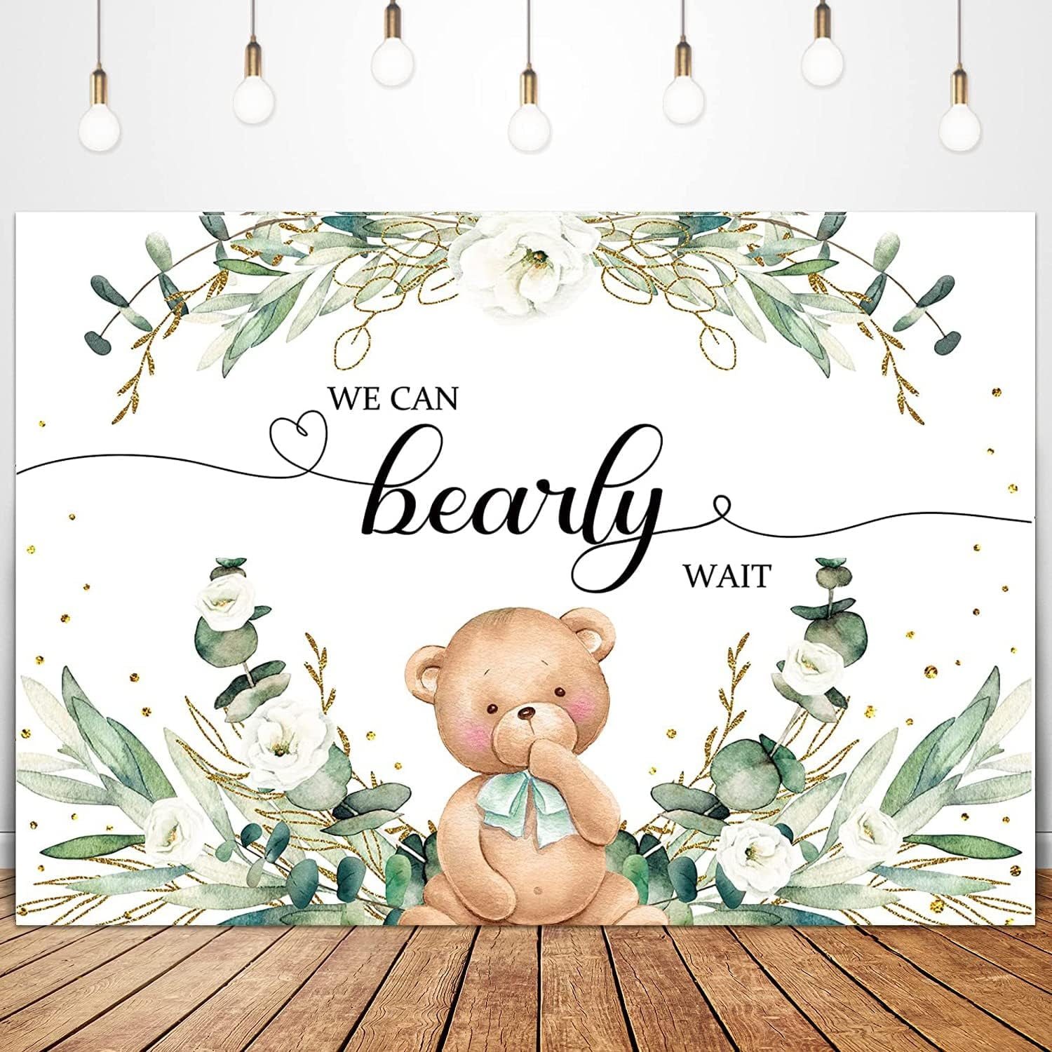 Bear Baby Shower Backdrop Feet We Can Bearly Wait Eucalyptus Leaves ...