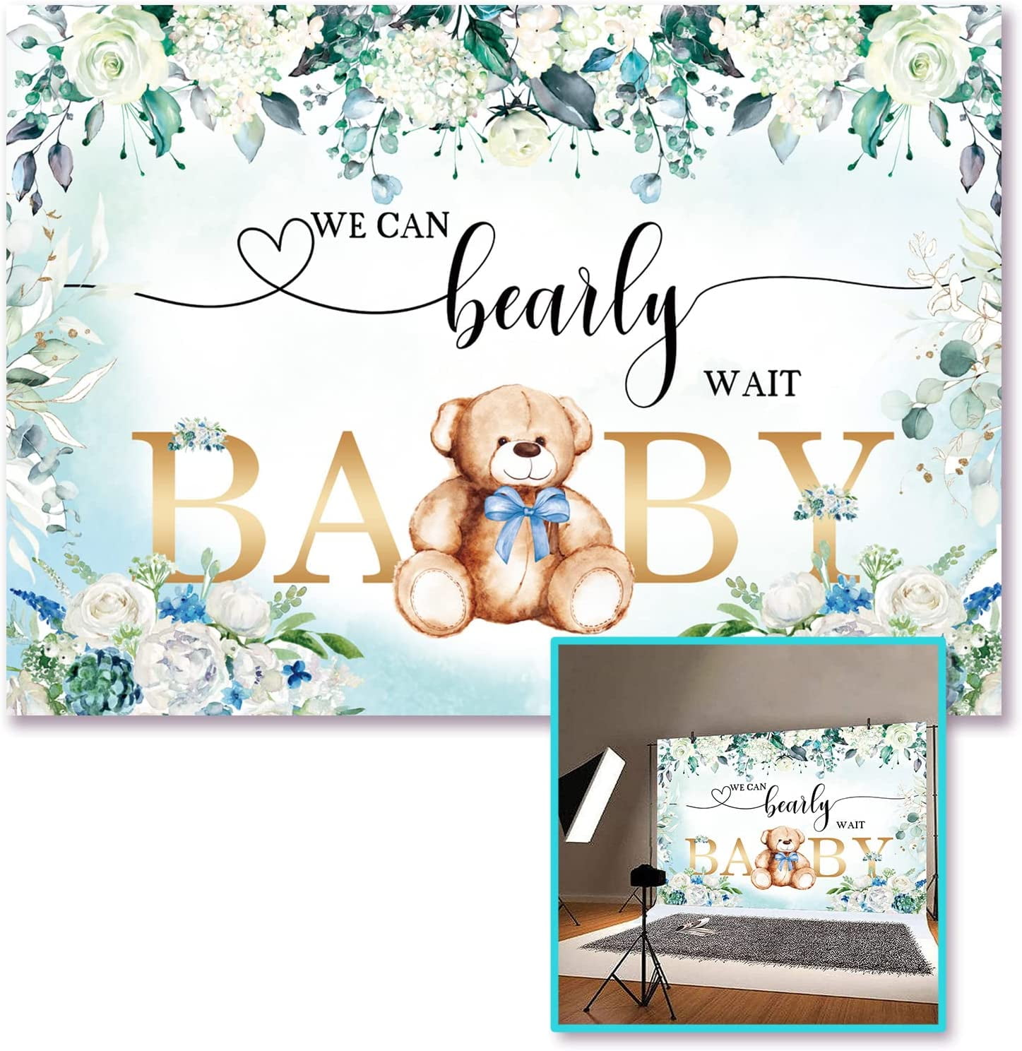 Bear Baby Shower Backdrop for Girl Boy We Can Bearly Wait Backdrop ...