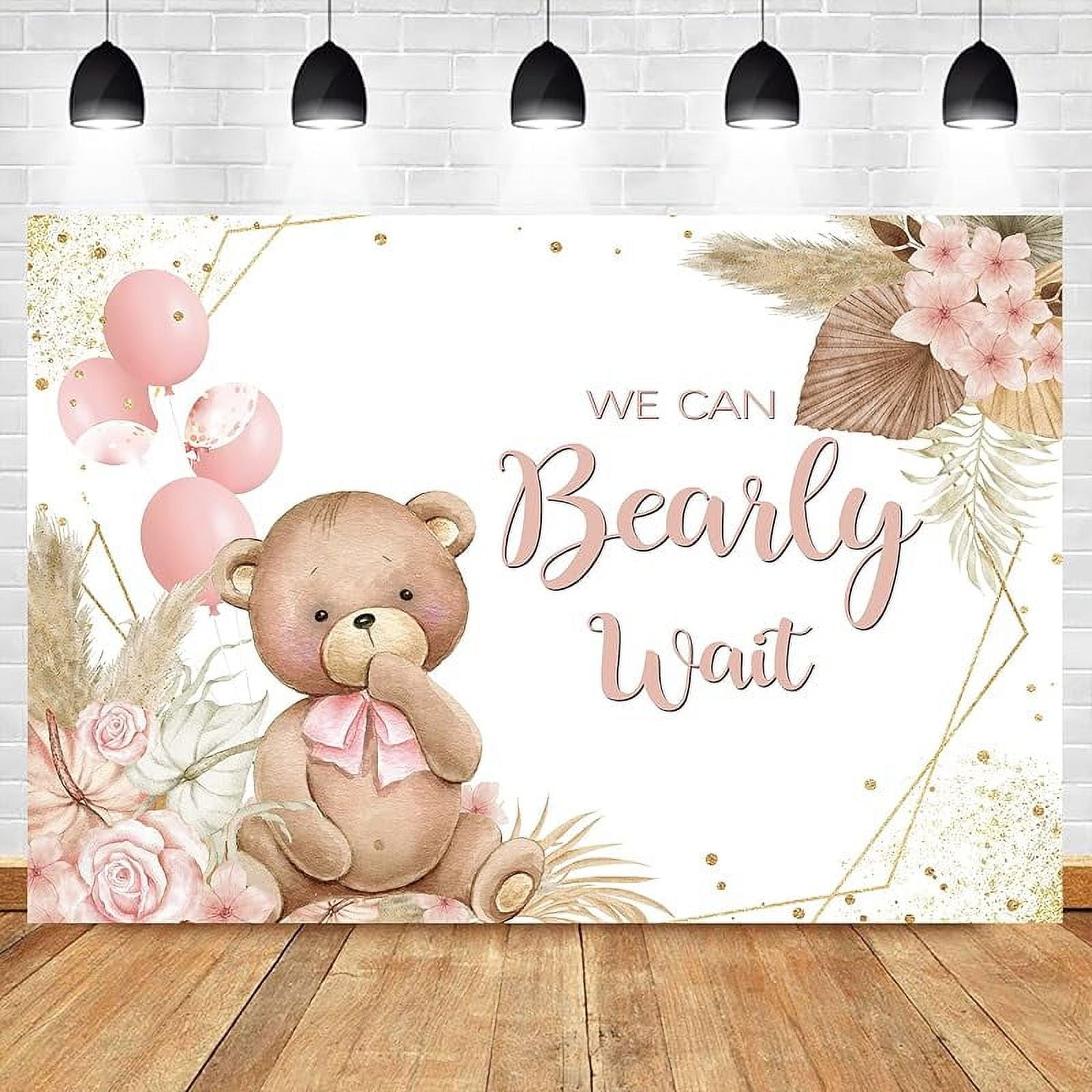 Bear Baby Shower Backdrop for Girl We Can Bearly Wait Pink Pampas ...
