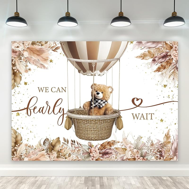 Bear Baby Shower Backdrop We Can Bearly Wait Cute Hot Air Balloon ...