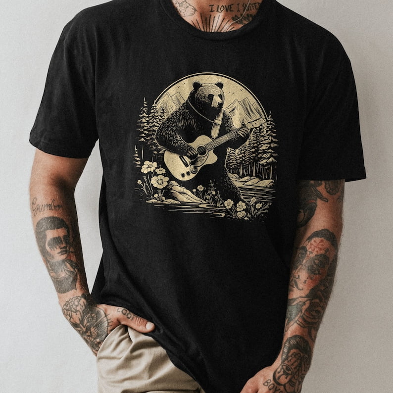 Bear Bass Guitar Tee, Men’s Bear Music Shirt, Unique Bass Guitar ...
