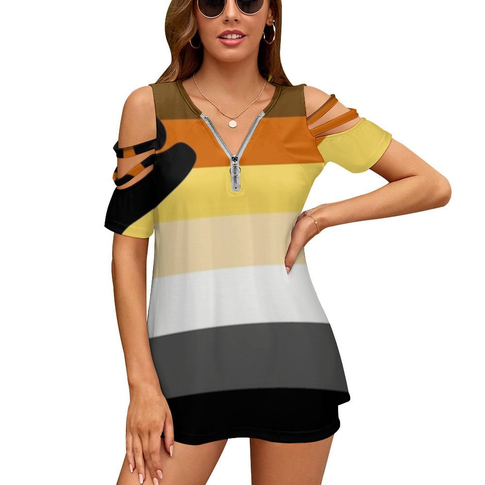 Bear Brotherhood Pride Flag Womens Summer V Neck Zipper Top Short ...
