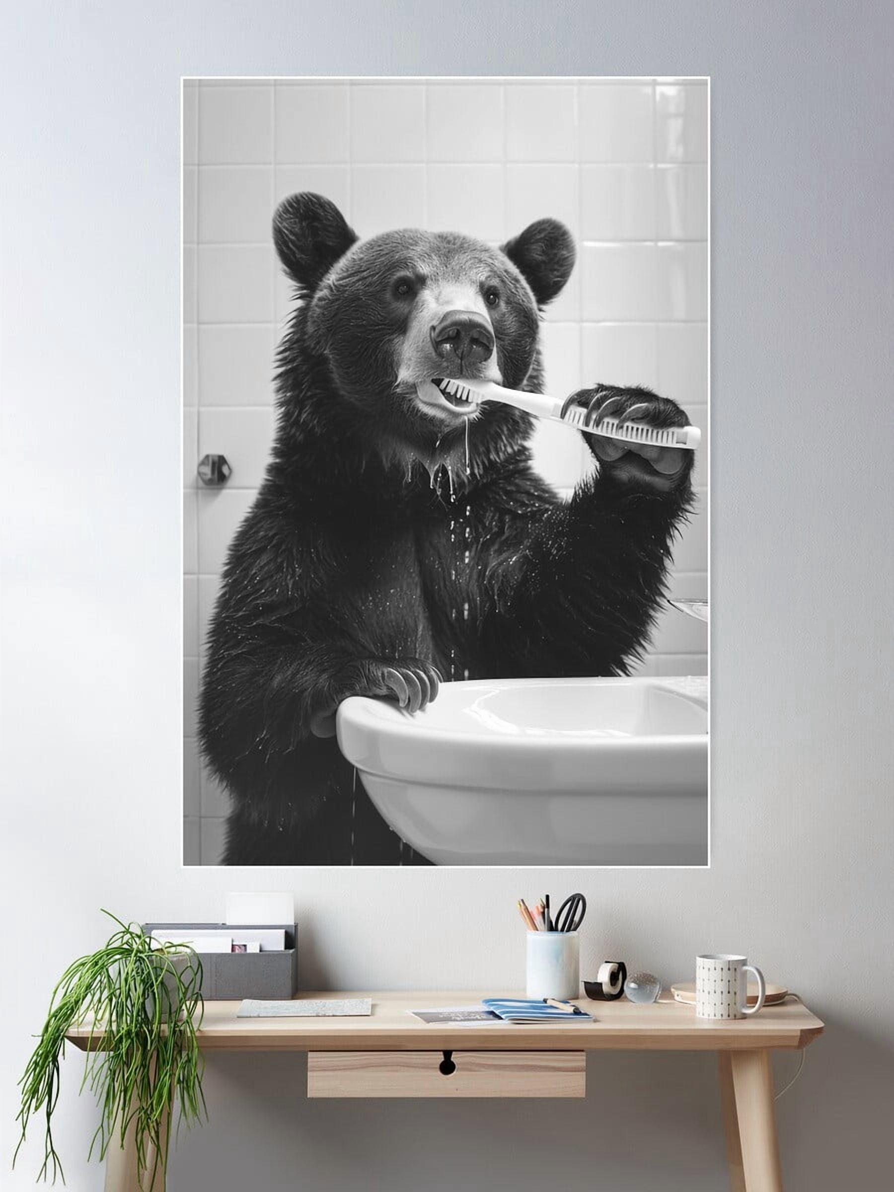 Bear Brushing Teeth In The Bathroom Poster Wall Art Modern Wall Decor ...