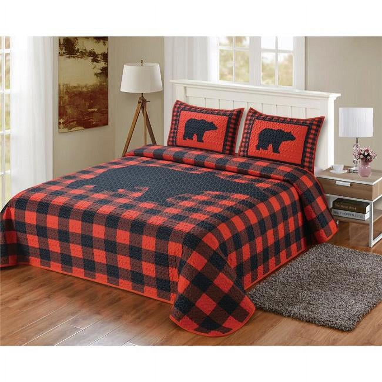 Bear Buffalo Plaid Red & Black Checkered Quilt Quilted Bedding Set, Red ...