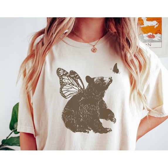 Bear Butterfly Shirt Retro Graphic Tee - Walmart.com