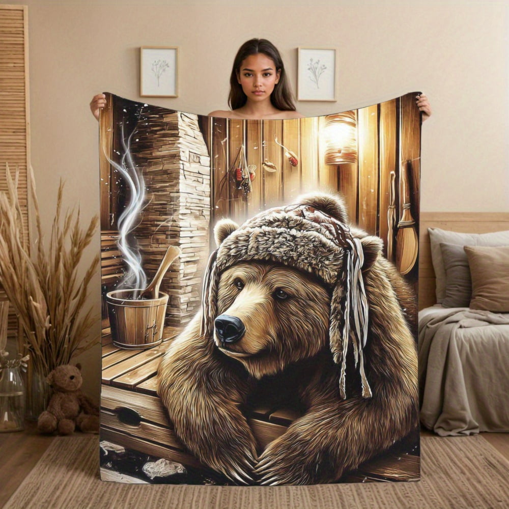 Bear in Cabin Flannel Throw Blanket - Soft Cozy All-Season Black Brown ...