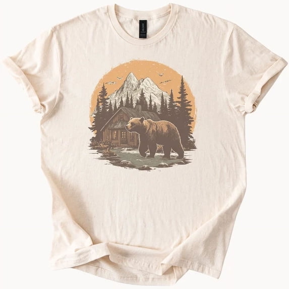 Bear Cabin Graphic Shirt Mountain Nature Scene With Trees And Sunset ...