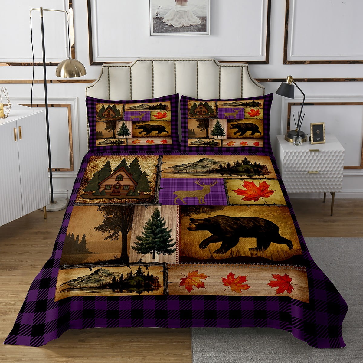 Bear Cabin Lodge Bedspread Set Queen,Christmas Farmhouse Bedding Set ...