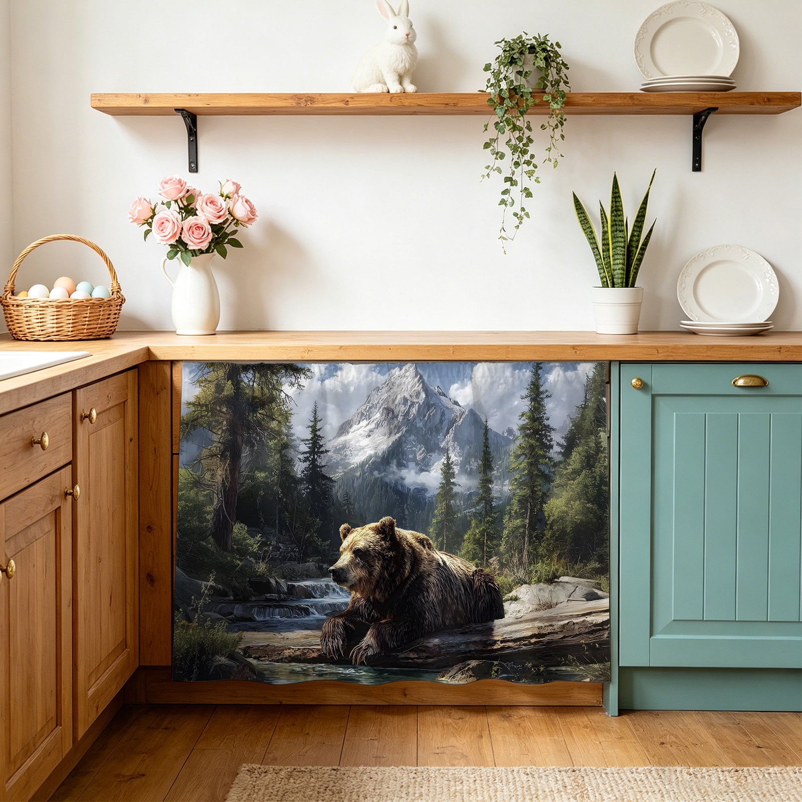 Bear Cabinet Curtains 11" W x 13" L, Animal Pattern Snow Mountain ...